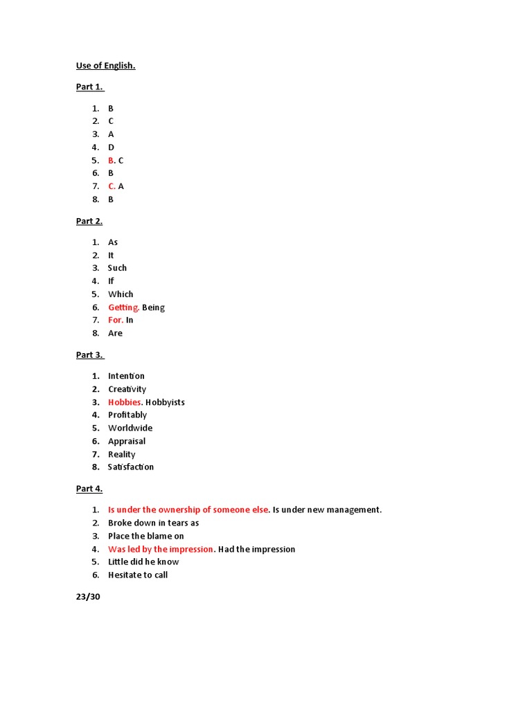 English Exam Answer Key | PDF