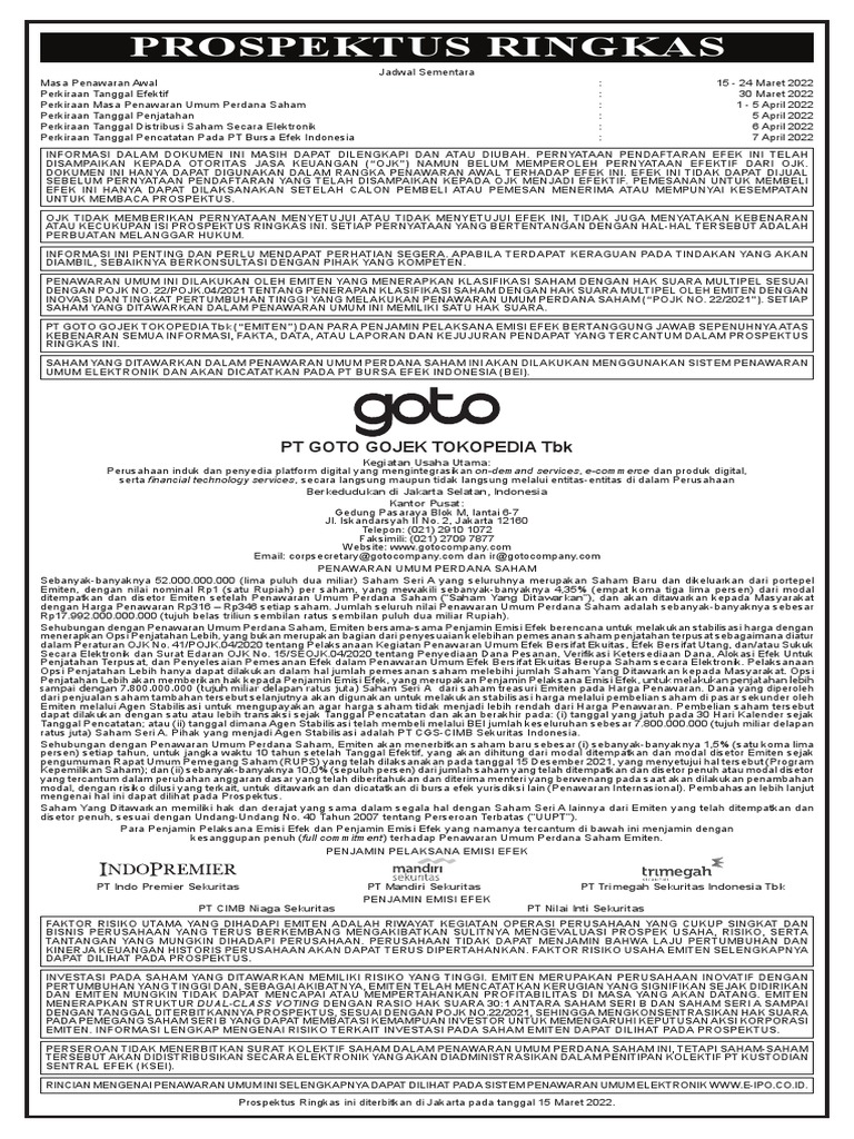 S - Prospektus Ringkas - GOTO - Rev 21 MRT 22 | PDF