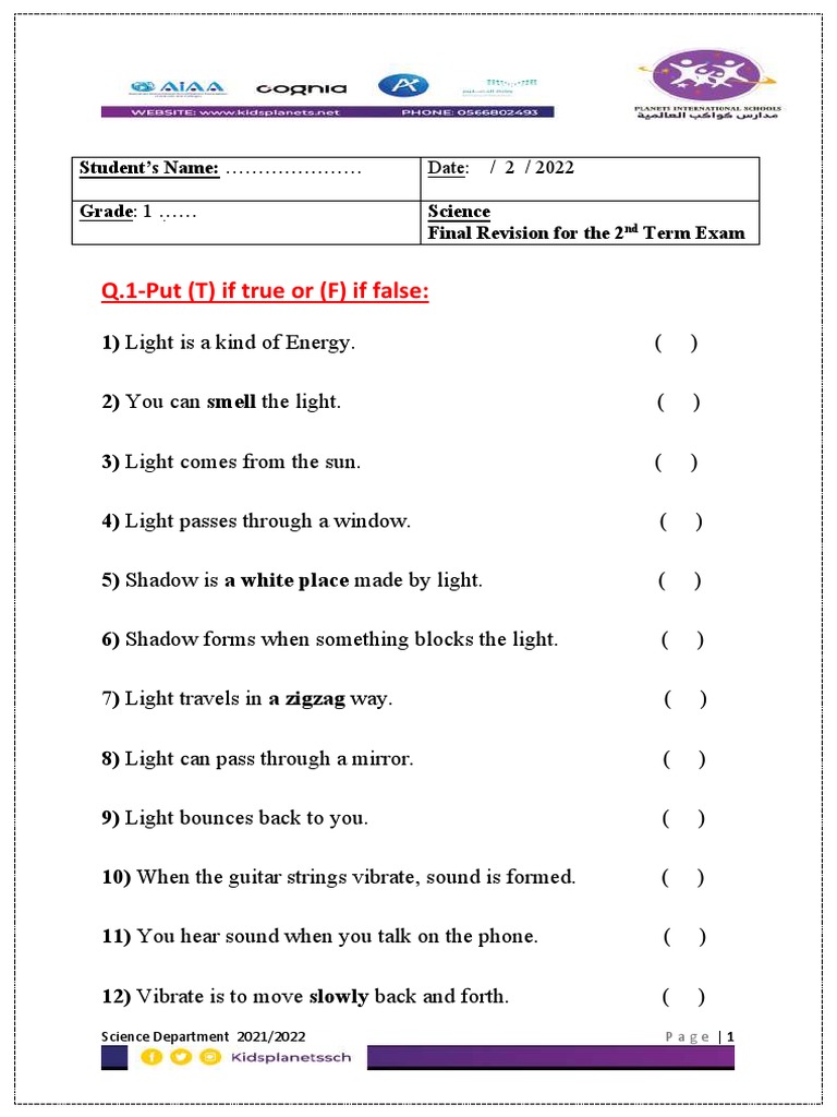 Gr.1 - Science - Final Revision Worksheet For 2nd Term 3rd Quiz | PDF | Sound | Light