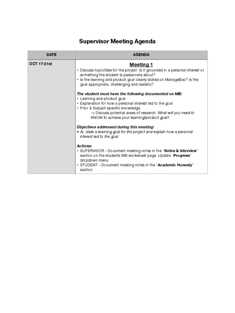 Supervisor Meeting Agenda Template | PDF | Goal | Evaluation
