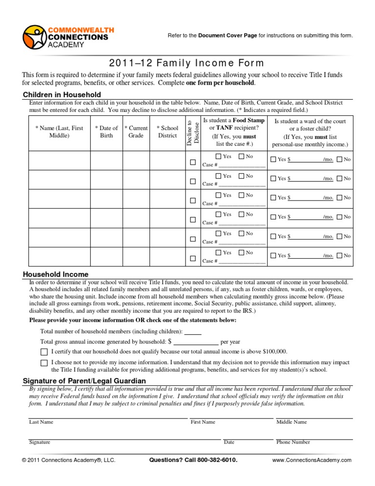 11-12 CCA Family Income Form | PDF | Welfare | Social Security (United ...