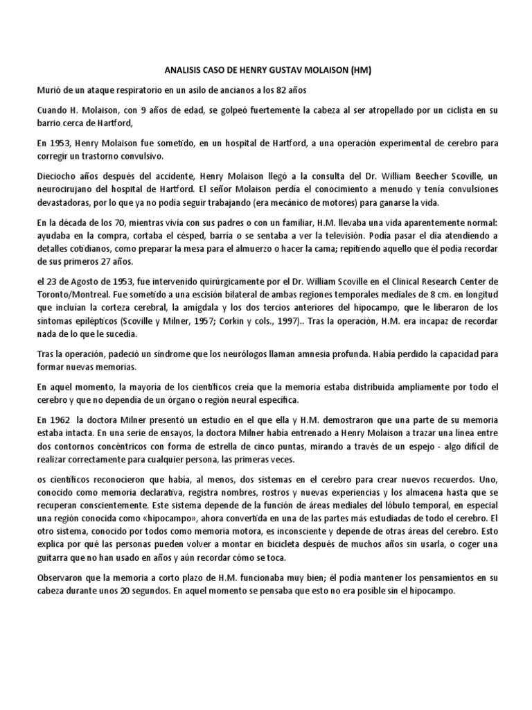 Analisis Caso de Henry Gustav Molaison | PDF | Hipocampo | Memoria