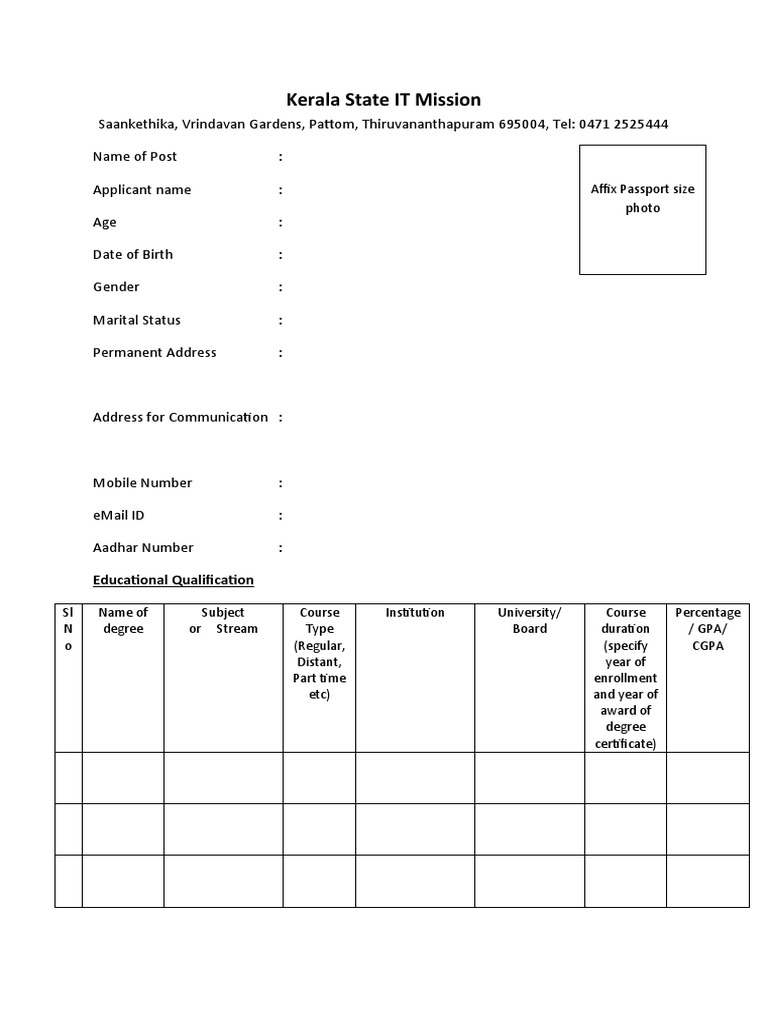 Kerala State IT Mission Application Format - 1 - 1 | PDF