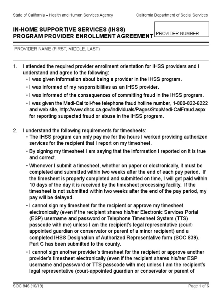 SOC 846 Provider Enrollment Agreement (Rev 10-2019) - EN | PDF ...