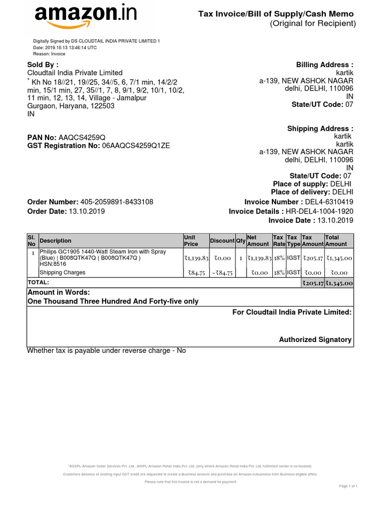 Tax Invoice/Bill of Supply/Cash Memo: (Original For Recipient) | PDF ...