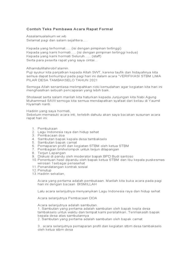 Contoh Teks Pembawa Acara Rapat Formal | PDF | Seni & Disiplin Bahasa | Agama & Spiritualitas