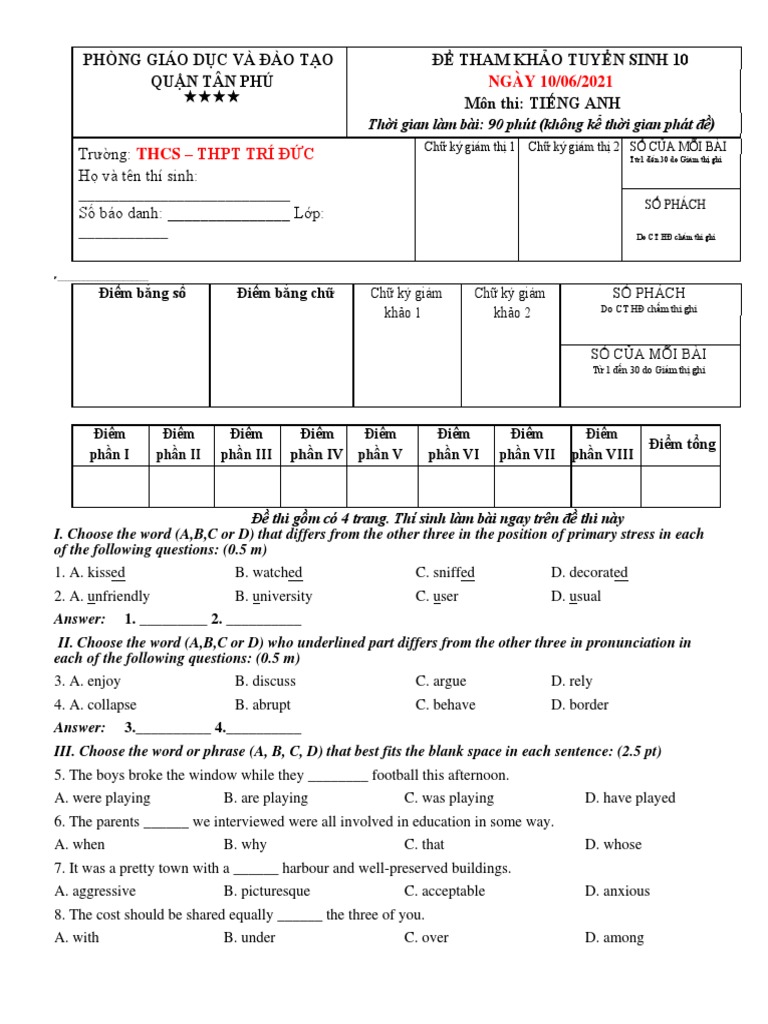 Avts10-De+dap An Thi Thu TS Anh 10 Ngay 10-6 | PDF