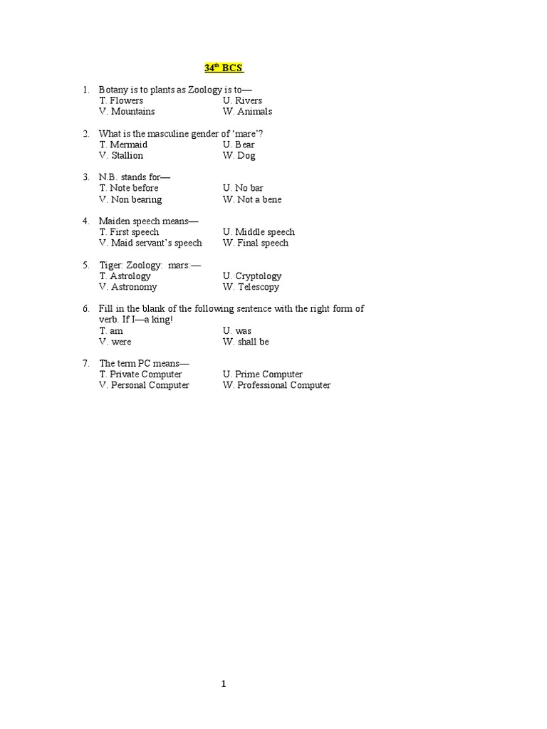 34th BCS Preliminary Question Paper | PDF | Adjective | Adverb