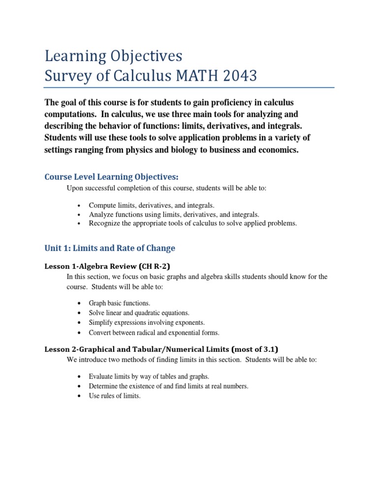 MATH 2043-Survey of Calculus-Objective List | PDF | Derivative | Integral