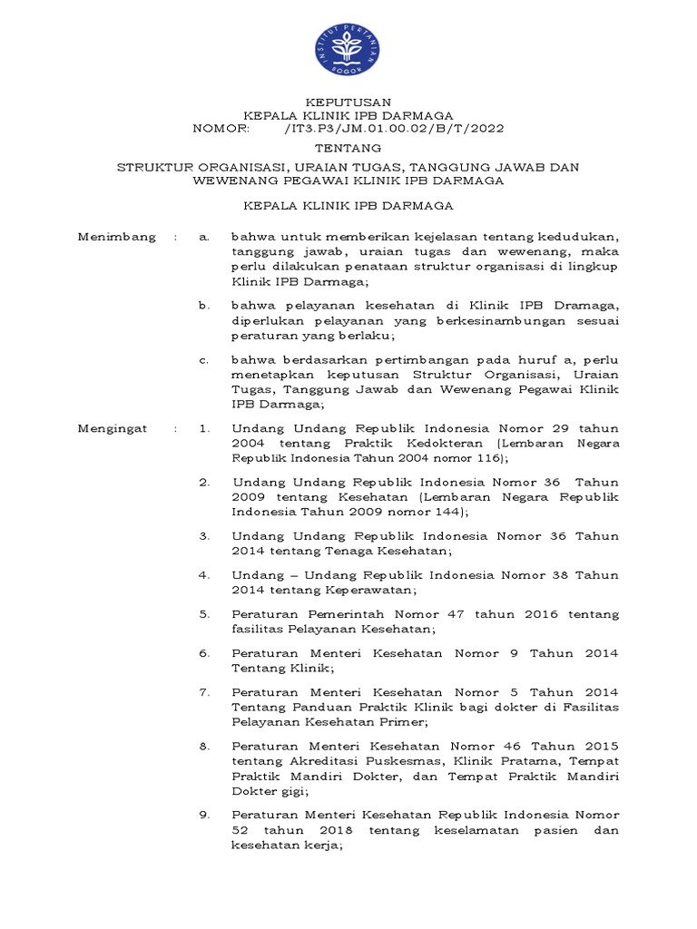 SK Uraian Tugas, Tanggung Jawab Dan Wewenang Klinik IPB Darmaga | PDF
