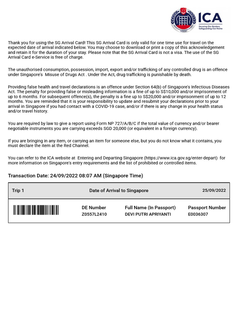 SG Arrival Card Guidelines and Info | PDF