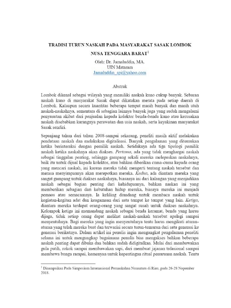 TRADISI TURUN NASKAH PADA MASYARAKAT SASAK LOMBOK NUSA TENGGARA BARAT 1 Oleh - Dr. Jamaluddin ...