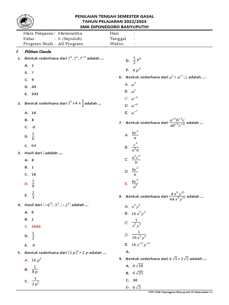 PTS MTK X Ganjil | PDF