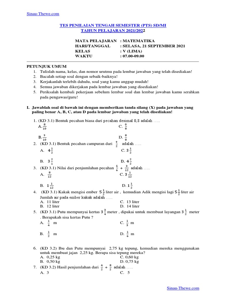 Soal & Jawaban PTS Matematika Kelas 5 Semester 1 Tahun 2021 Sinau-Thewe | PDF