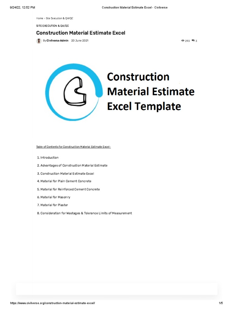 Construction Material Estimate Excel Guide | PDF | Concrete | Masonry