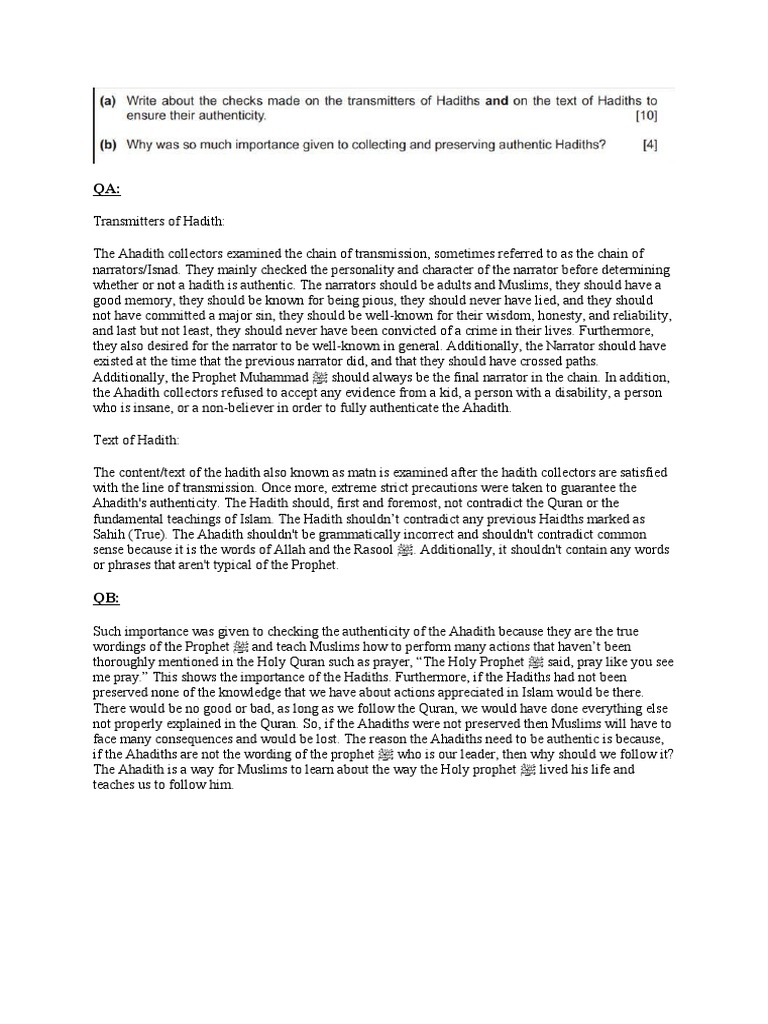 Hadith Past Paper Questions | PDF | Hadith | Islamic Texts