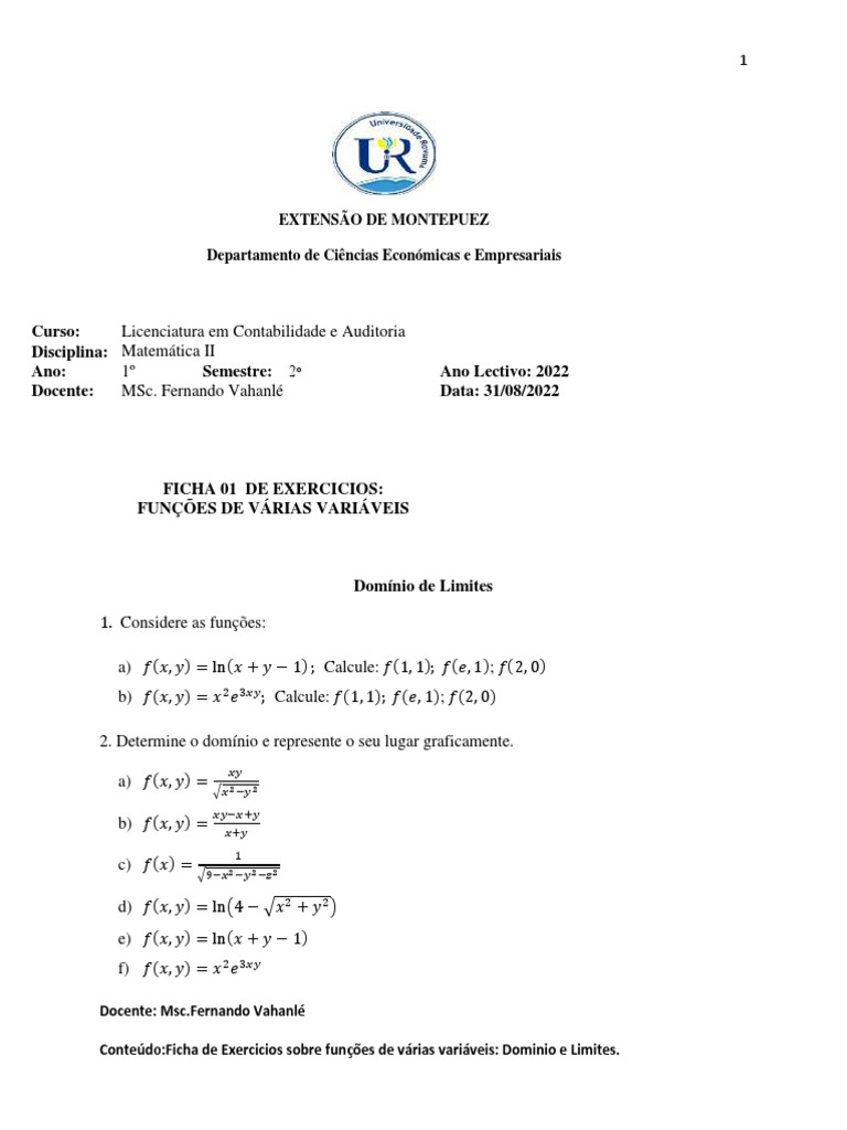 Exercícios sobre Funções Multivariáveis | PDF | Limite (Matemática ...