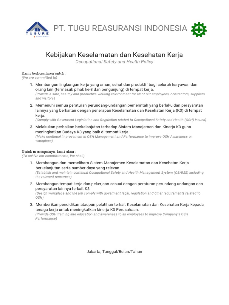 Kebijakan Keselamatan Dan Kesehatan Kerja (K3) | PDF