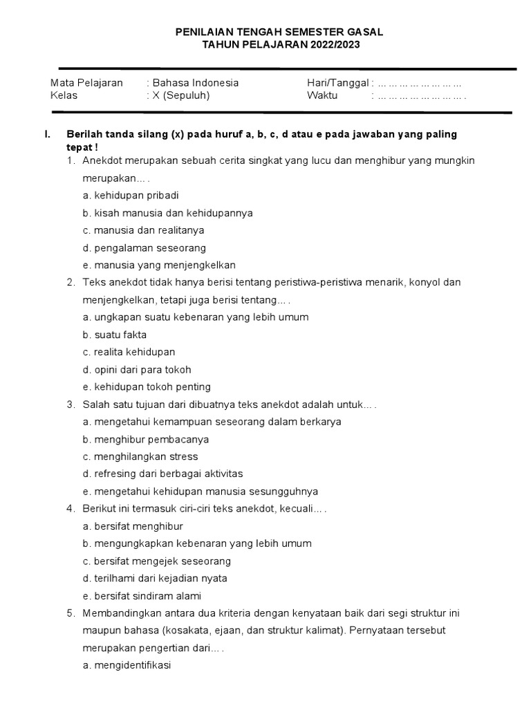 Soal PTS B.Indo Kelas X Ganjil | PDF