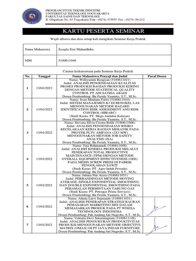 Kartu Peserta Seminar: No. Tanggal Nama Mahasiswa Penyaji Dan Judul ...