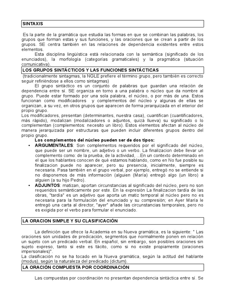Resumen Sintaxis NGLE | PDF | Oración (Lingüística) | Adverbio