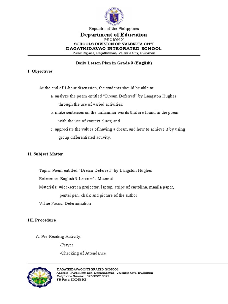 Lesson Plan on Dreams Deferred by Langston Hughes | PDF | Lesson Plan ...