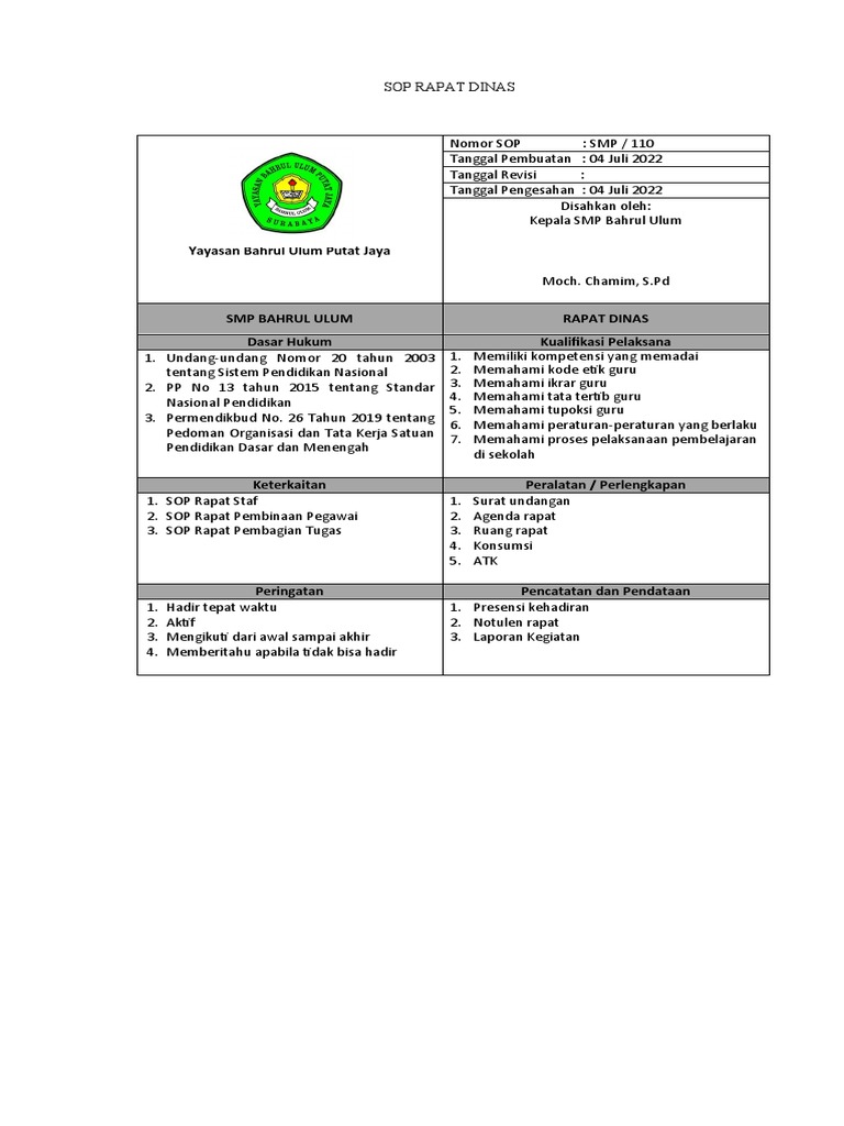 110 Sop Rapat Dinas 1 | PDF