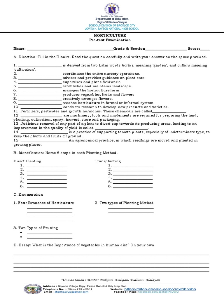 Horti. Pre-test Examination | PDF | Horticulture | Plants