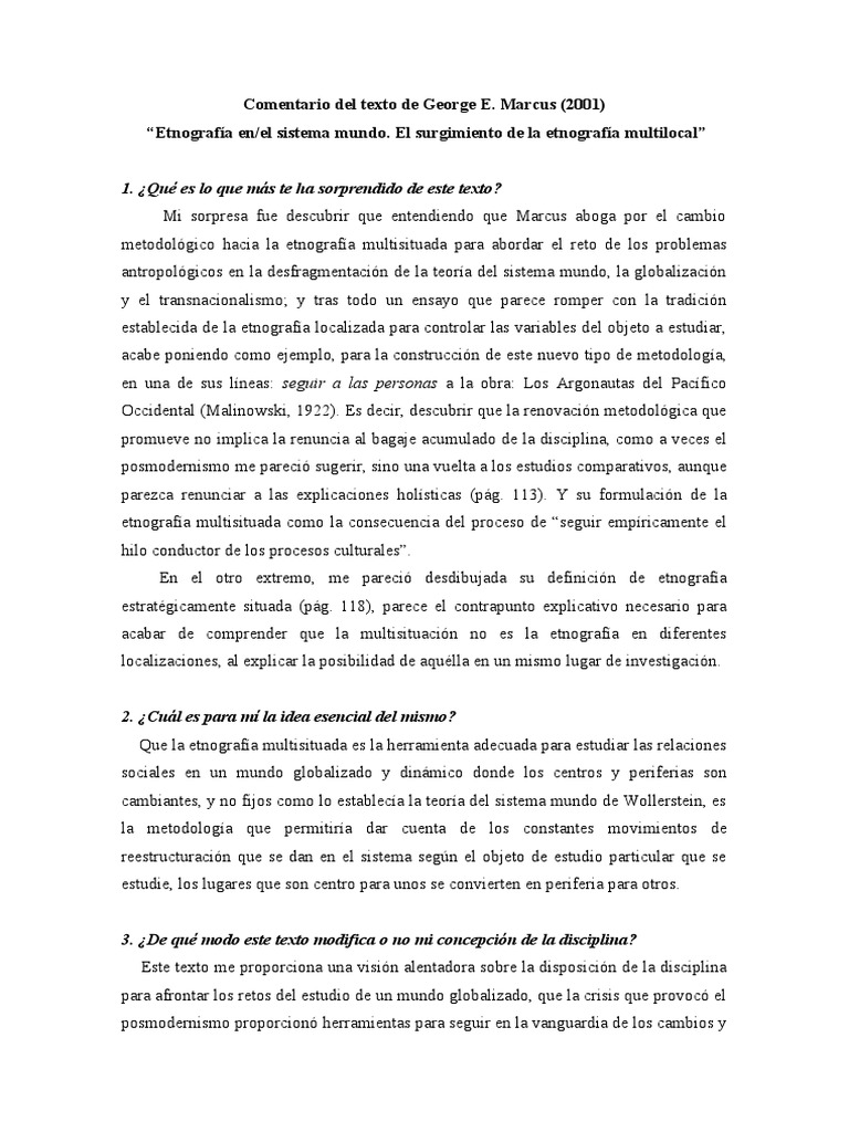 2021 Comentario 1 Del Texto de George MARCUS 1 | PDF | Etnografía ... 2021 Comentario 1 Del Texto de George MARCUS 1 | PDF | Etnografía ...