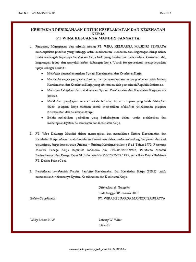 Kebijakan K3 & Struktur P2K3 2010 | PDF