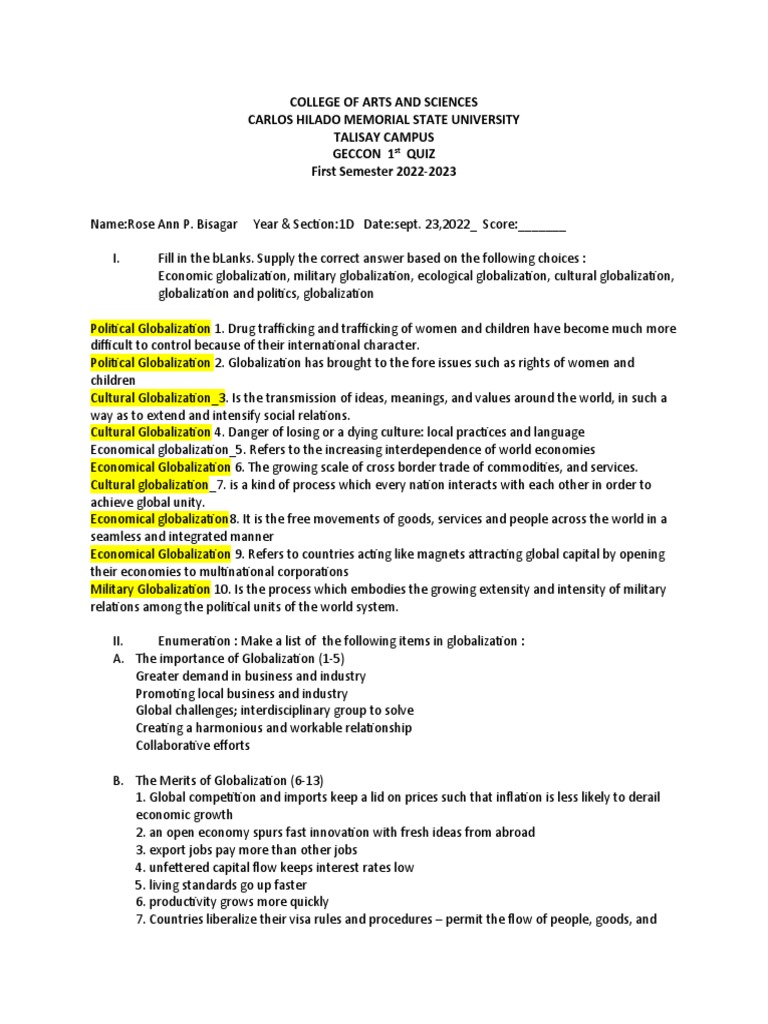 GECCON 1st QUIZ COVERS KEY ASPECTS OF GLOBALIZATION | PDF ...