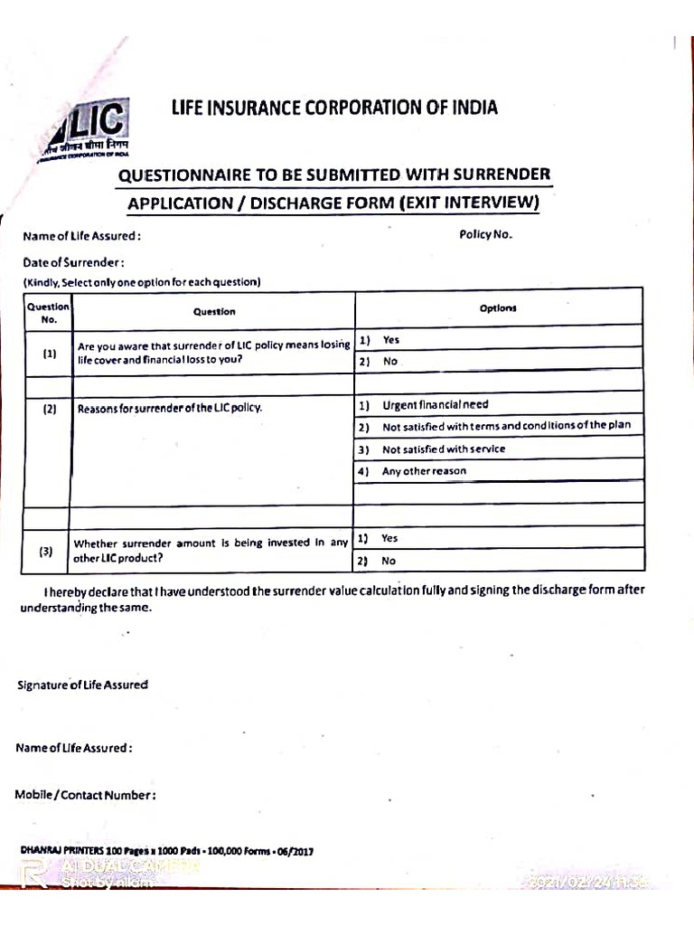 LIC Exit Form | PDF