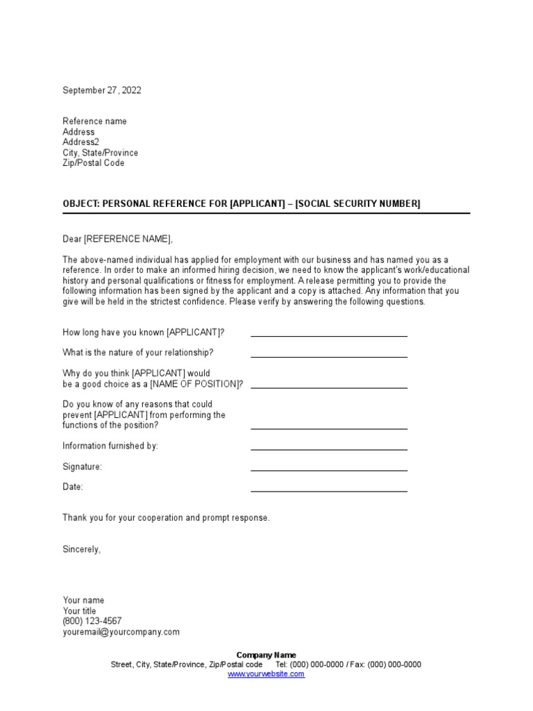 Personal Reference Check Letter | PDF