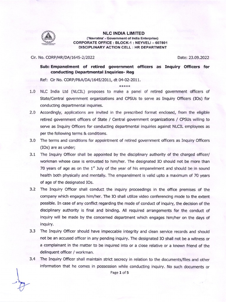 Empanelment of Inquiry Officers 2022 | PDF | Government | Justice