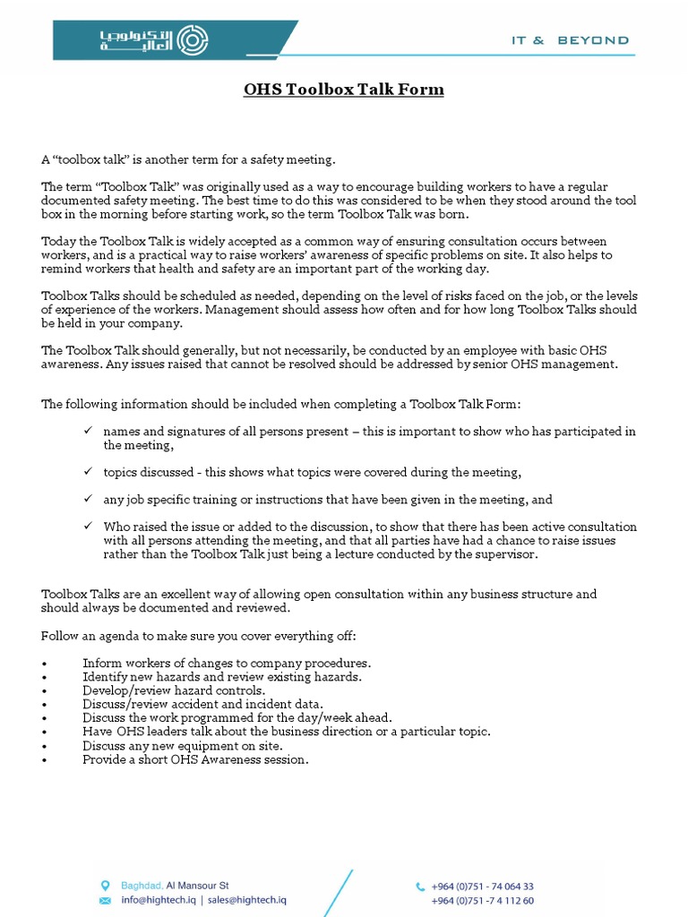OHS Toolbox Talk Form | PDF | Occupational Safety And Health | Health ...