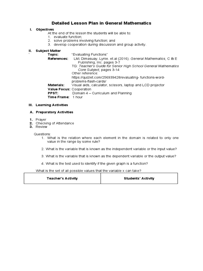 Detailed Lesson Plan in General Mathematics | PDF | Function (Mathematics) | Lesson Plan