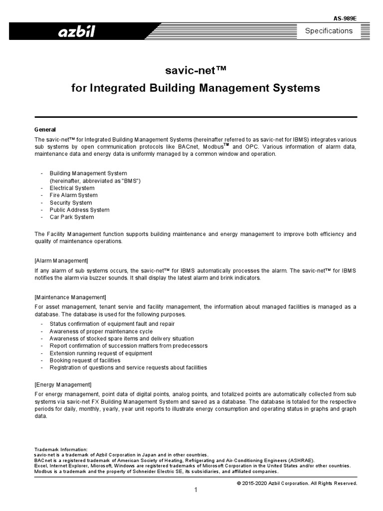 Savic-Net™ For Integrated Building Management Systems: Specifications ...