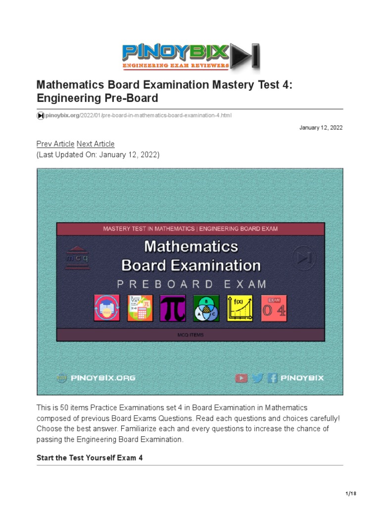 Mathematics Board Examination Mastery Test 4 Engineering Pre-Board ...