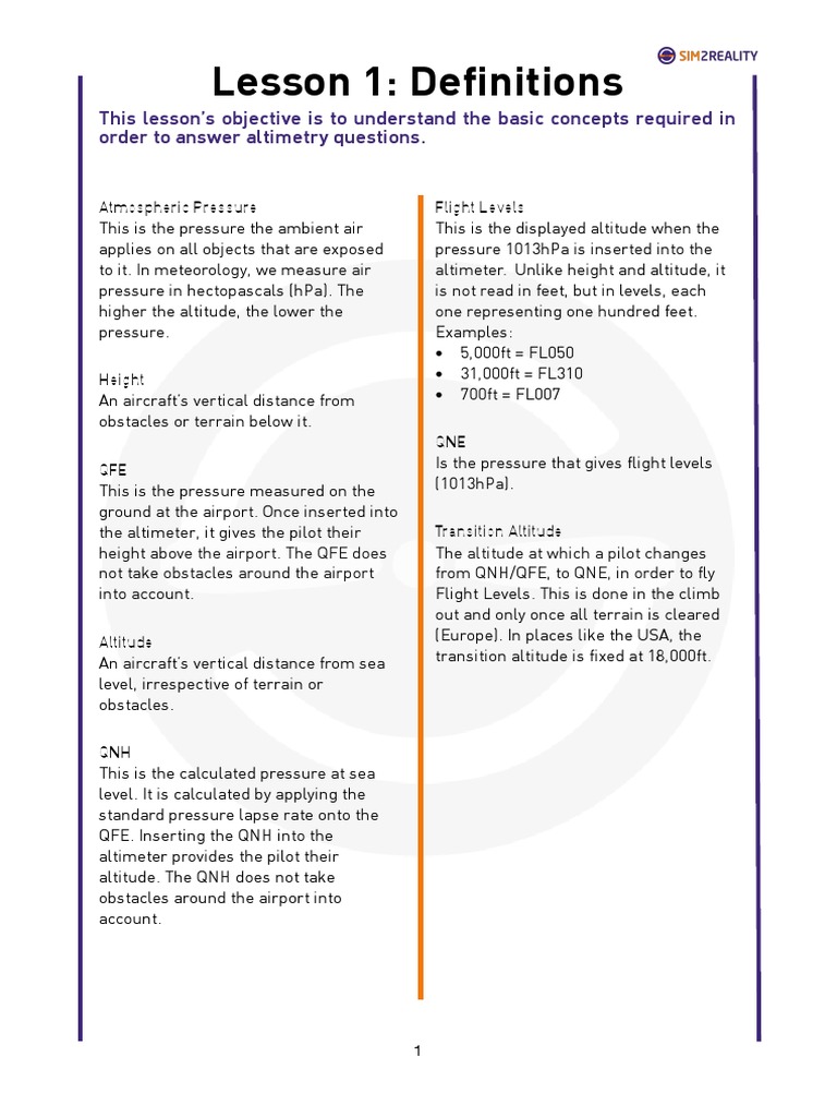 Altlimetry Lesson 1 Worksheet | PDF | Altitude | Atmospheric Pressure
