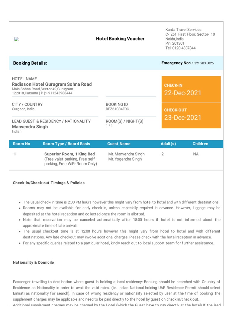 Hotel Booking Voucher for Radisson Hotel Gurugram Provides Check-in and ...