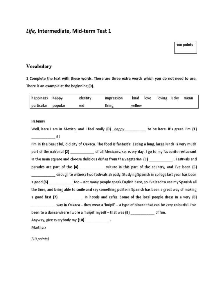 Life 2e INTERMEDIATE Mid-Tert Test 1 | PDF
