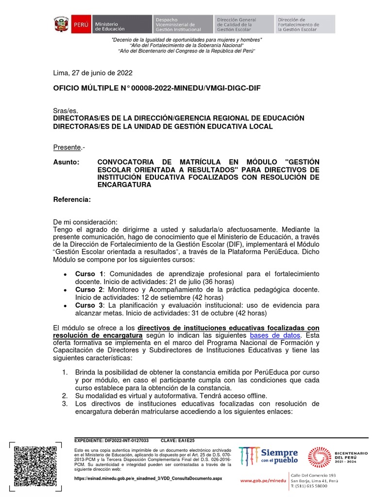 Oficio - Multiple 00008 2022 Minedu Vmgi Digc Dif | PDF