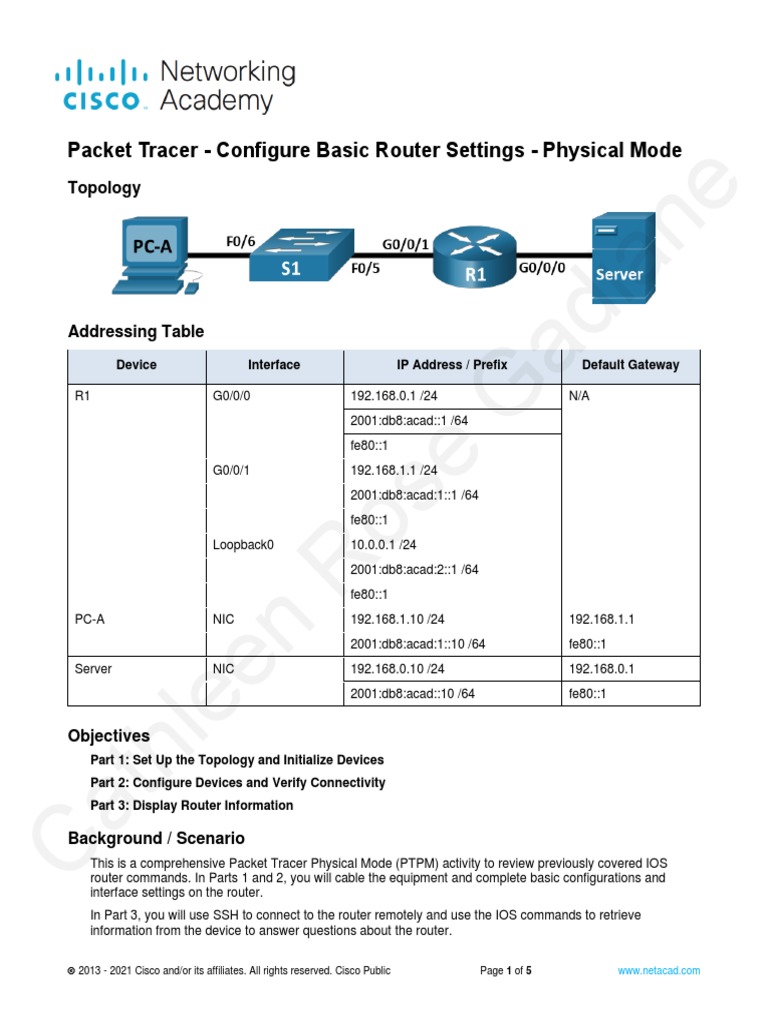 1.6.2 Packet Tracer - Configure Basic Router Settings - Physical Mode | PDF | Router (Computing ...
