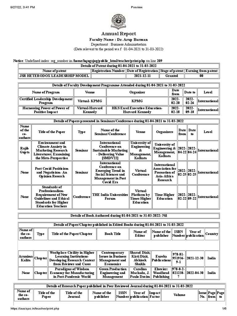 Prof. Arup Barman 2021-22, Progress Report | PDF | Science | Economies