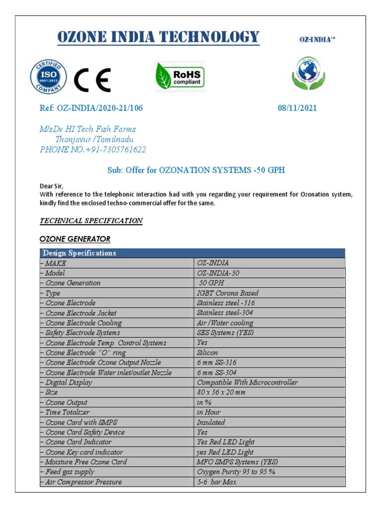 105, Ozone Generator-50 GPH - DV Hi Tech Fish Farms, Thenjavur | PDF | Ozone | Transformer
