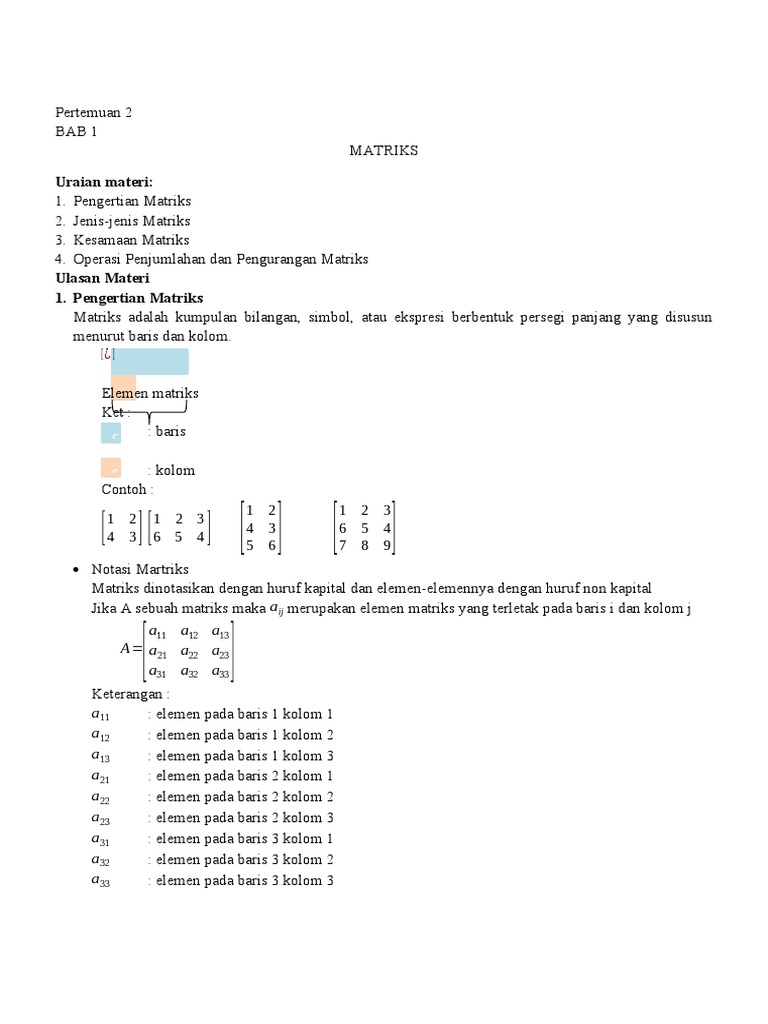 Pengertian dan Operasi Matriks Dasar | PDF | Metode & Bahan Ajar