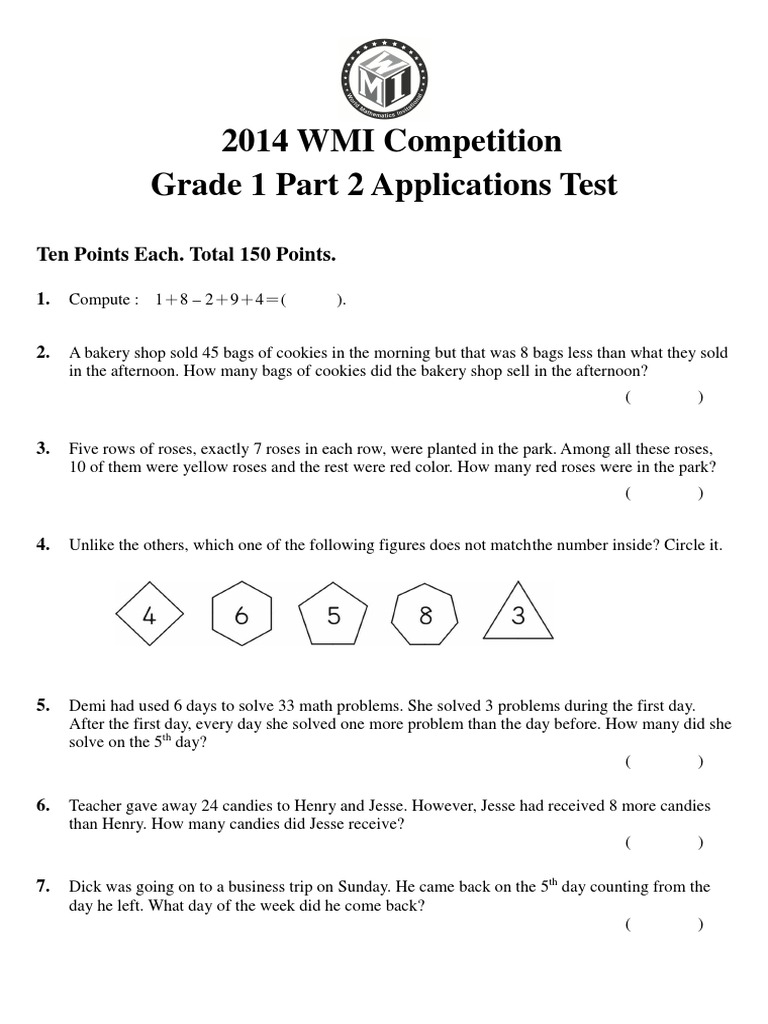 Grade 1 Mathematics Assessment: Part 2 Applications Test | PDF