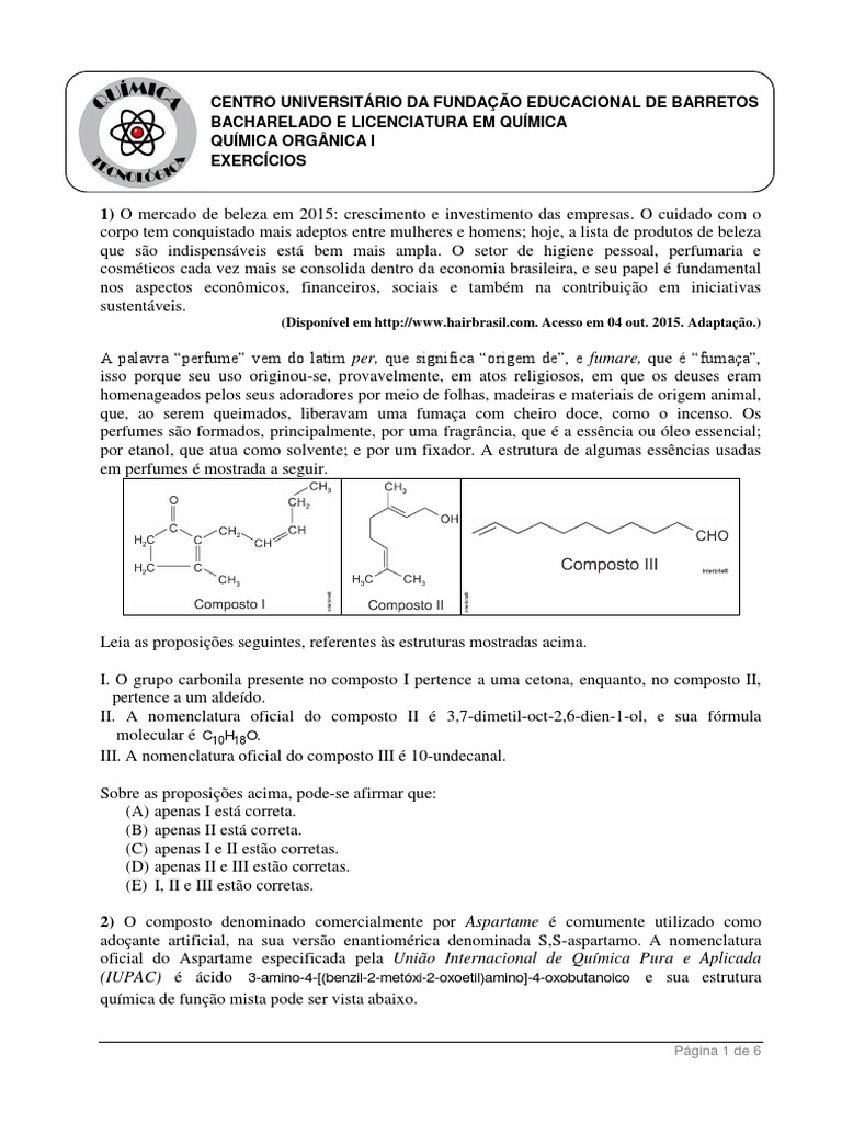 Exercícios de Orgânica I - 1pt | PDF | Éster | Amida
