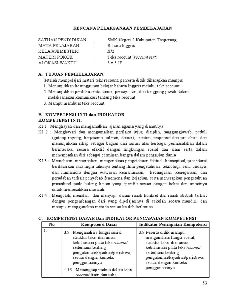 RPP Teks Recount Kelas 10 SMK | PDF