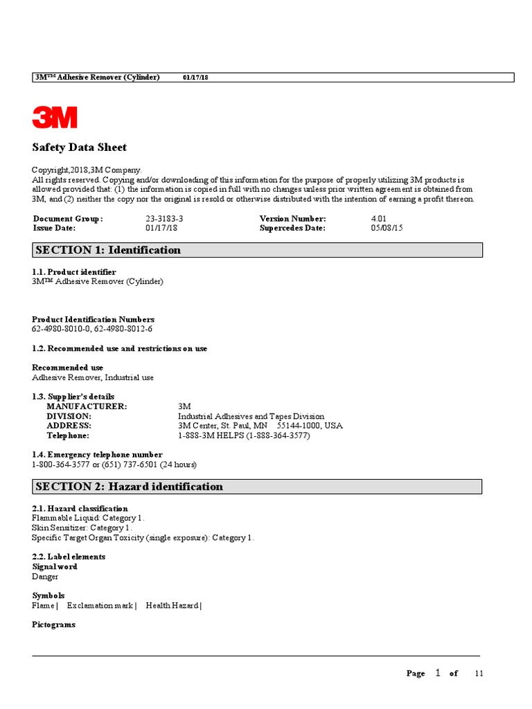 Safety Data Sheet: 3M™ Adhesive Remover (Cylinder) | PDF | Hazardous Waste | Personal Protective ...